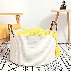 MINTWOOD Design Extra Large 20 x 13 Inches Decorative Cotton Rope Basket, Blanket Basket Living Room, Woven Laundry Basket, Storage Baskets Bin, Round Pillow Towel Basket with Long Handles, White