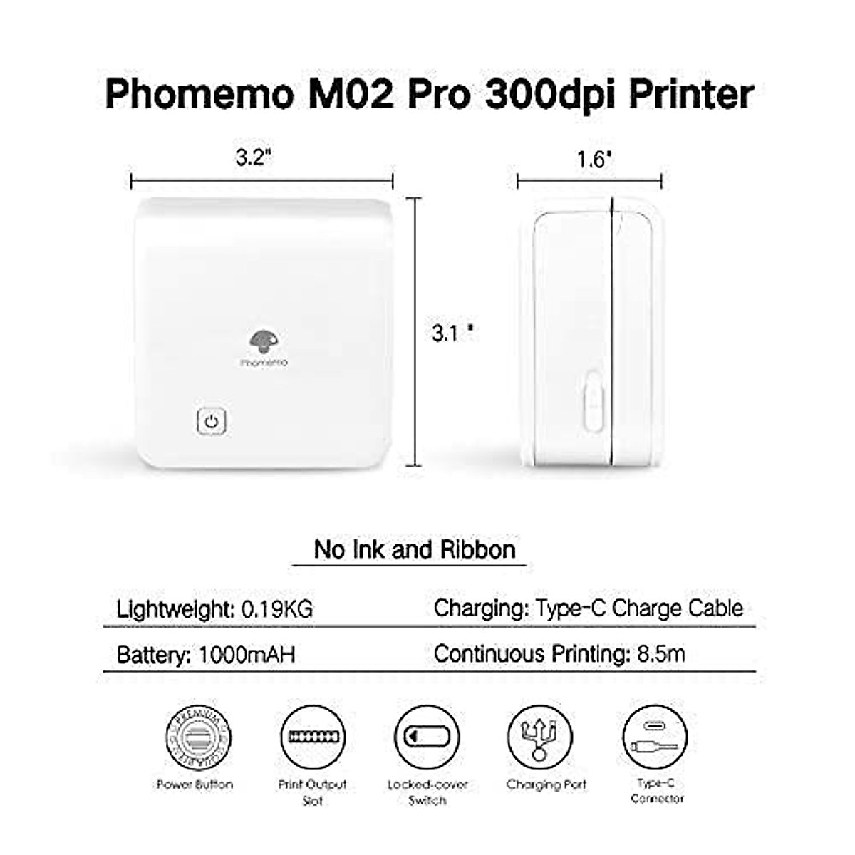 Phomemo M02 Pro Pocket Printer - with 3 Rolls Transparent Gold Paper， Compatible with iOS + Android for Plan Journal, Study Notes, Art Creation, Work, Gift