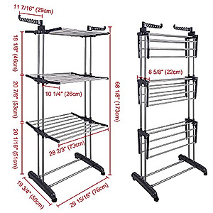 Aquaterior Folding 3 Tier Clothes Drying Rack Rolling Collapsible Garment Laundry Dryer Hanger Stand Rail Indoor Dark Grey