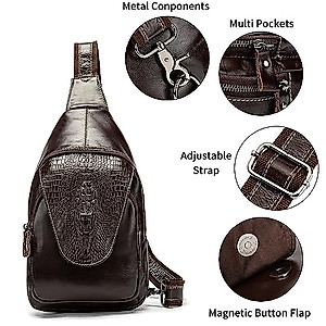 NIUCUNZH Handmade Genuine Leather Crossbody Sling Bag Crocodile Embossing Chest Bag Waterproof Shoulder Bag Coffee