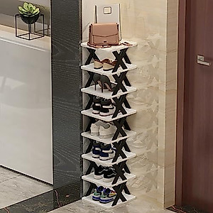 7 Tiers Small Shoe Rack,Narrow Vertical Free Standing Shoe Tower,Space Saving Furniture Shoe Storage Organizer for Corner,Entryway,Door,Hallway,Closet,Bedroom,Stable in Structure and Stackable,Black
