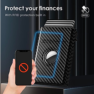 Trifold Wallet for Men with AirTag Holder, Smart Mens Wallet, Pop-Up Card Holder, Cash Slot, Carbon Fiber Case, RFID Blocking, Minimalist Slim Leather Groove Wallet, ID Window, with Gift Box