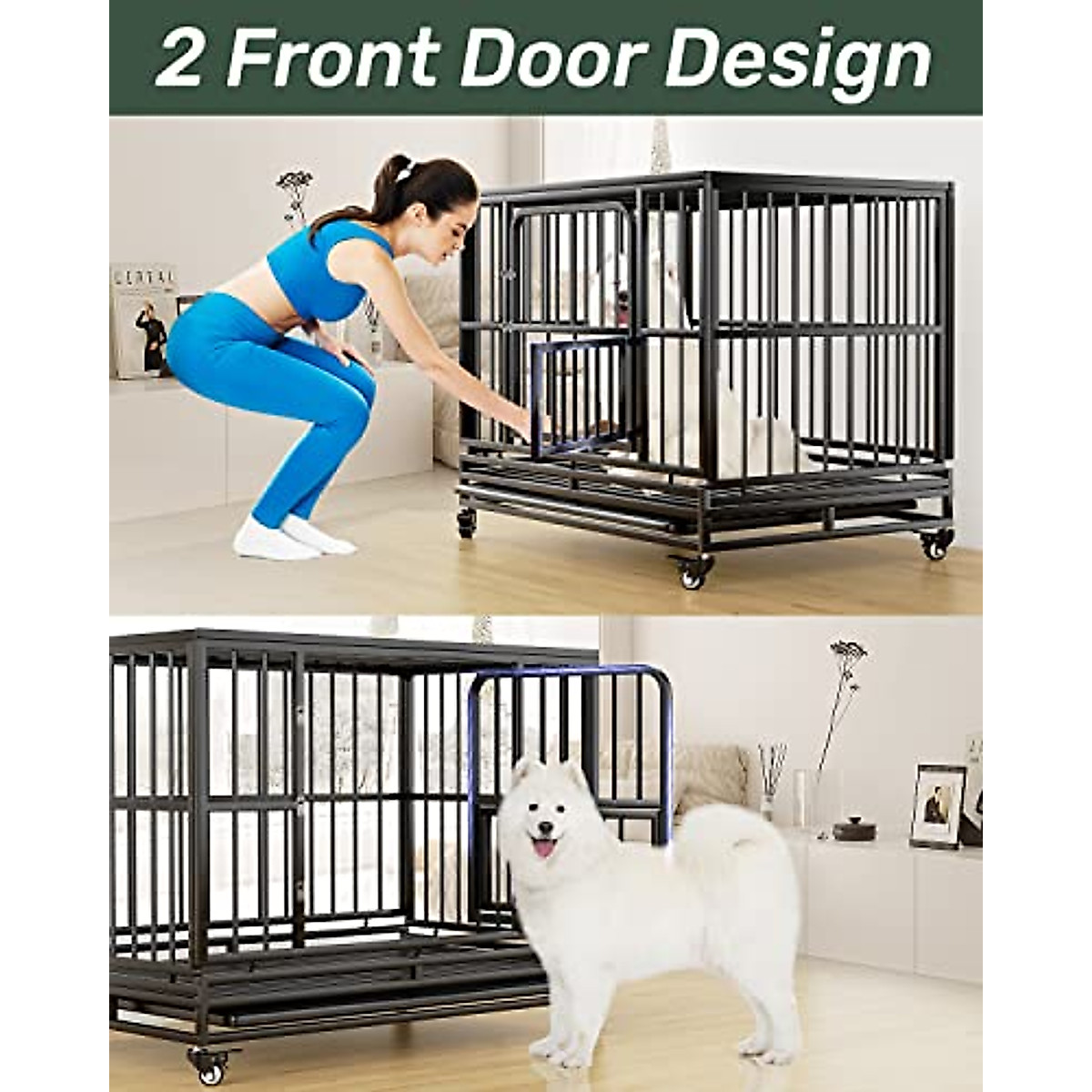 38 inch Heavy Duty Dog Crate | Dog Kennel for Small Medium Large Dog | Strong Metal Escape Proof Dog Cage | Removable Tray & Lockable Wheels