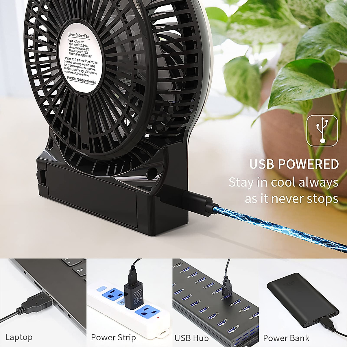 Mini Portable Battery Operated Desk Fan, Rechargeable & USB Powered Handheld Fan with Atmosphere Light & Flashlight, Strong Airflow, 3 Speeds, Small Personal Hand Held Fan for Desktop Camping (Black)