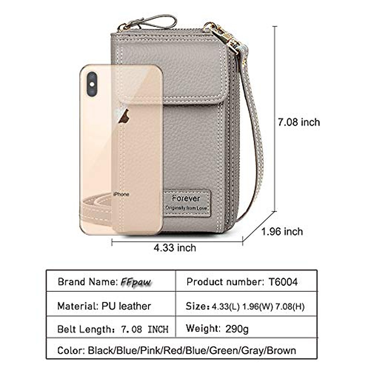 FFpaw Small Cellphone Shoulder Bag Lightweight Leather Crossbody Phone Purse RFID Blocking Card Holder Wallet Handbag for Women(Gray)