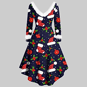 Red Dresses for Women Sexy Santa Christmas Printed Midi Dresses Furry V-Neck A-Line Swing Party Dress Cosplay Costume