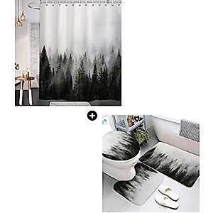 ORTIGIA 4Pcs Misty Forest Shower Curtain Sets, Bathroom Sets with Shower Curtain, Toilet Lid Rug, Contour Mat and Bath Mat, Shower Curtain with 12 Hooks for Bathroom Set Decor