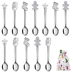 Aneco 12 Pack Christmas Mini Spoons Set Stainless Steel Spoon for Coffee Tea Soup Sugar Dessert Seasoning Ice Cream