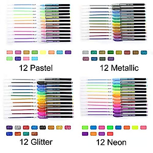 WITERY Gel Pens Set for Adult Coloring Books – Premium Ink Medium Tip Marker set Includes 48 Quantity Artist Quality Coloring Pens: 12 Glitters, 12 Metallic, 12 Pastels, 12 Highlighters