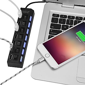 7 Port USB Hub,480Mbps No Conflict Plug & Play USB 2.0 Charger Hub with 7 Independent Switches and Multi-Level for Mobile Phone, Tablet PC, Keyboard, Mouse, Hard Drive, etc