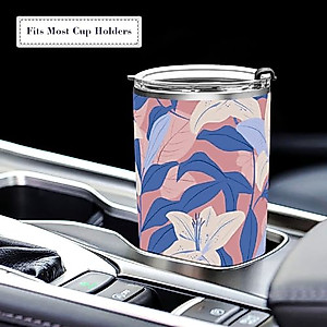 Large White Lily Flowers Blue Leaves Stainless Steel mugs for hot and cold with Straw Leak Resistant Flip coffee mug insulated for gym reusable tumblers with lids and straws 20 OZ