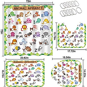 KINUUIS 4PC Animals Alphabet Bathroom Shower Curtain Sets Kids Bathroom Sets Cartoon Bathroom Sets with Rugs and Accessories Cute Style Shower Curtain for Bathroom Decoration