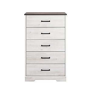 Prepac Rustic Ridge Farmhouse Dresser, Washed White Dresser for Bedroom, Chest of Drawers with 5 Drawers 18.5" D x 27.5" W x 43.5" H, ABDR-1605-1