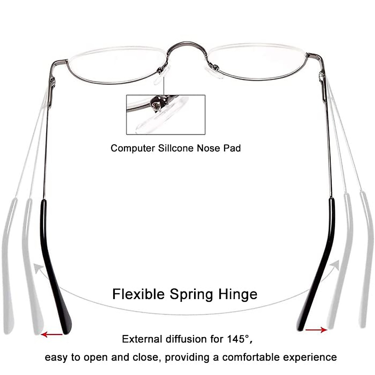 REAVEE 2 Pack Retro Designer Half Moon Reading Glasses Women Men Spring Hinge Half Frame Readers Stylish Slim Eyeglasses with Pouch,Red and Gun Grey 2.0