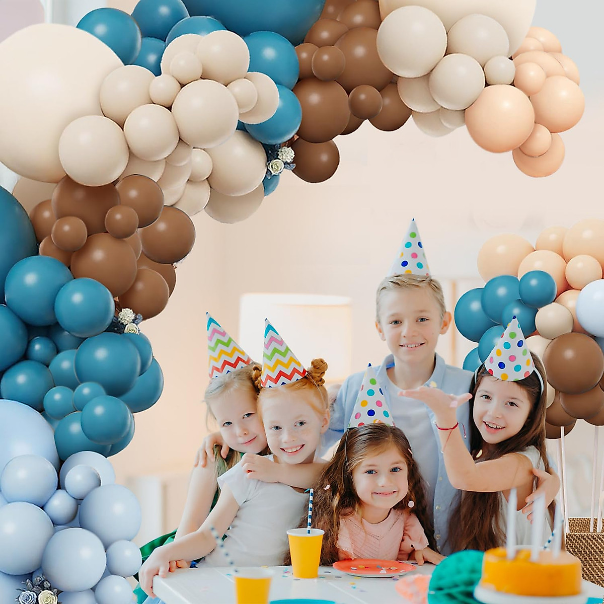 Dusty Blue Brown Balloons Arch Kit, Pastel Blue Blush Sand White Neutral Balloons Garland Kit for Boy Baby Shower Teddy Bear Boho Birthday Party Decorations