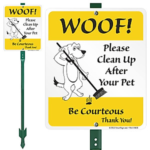 SmartSign 12" x 10" 'Woof Please Clean Up After Your Pet, Be Courteous, Thank You' Lawn Yard Sign with 3 ft Stake, 40 mil Laminated Aluminum, Yellow, Black and White, Set of 1, USA-Made