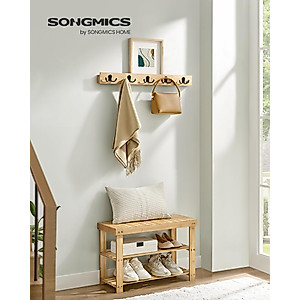 SONGMICS Hall Tree with Bench, Coat Rack Shoe Bench Set, Entryway Furniture, Multifunctional, 5 Double Metal Hooks, 3-Tier Bamboo Shoe Rack, for Entryway, Hallway, Bedroom, Natural Beige ULCR004N01