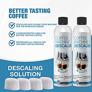 Keurig Compatible Descaling Solution (2 Bottles, 4 Uses Plus 4 Filters) - Universal Descaler Cleaner Concentrate Kit Compatible With All Keurig 1.0 & 2.0 K-Cup Pod Machines and Espresso Machines