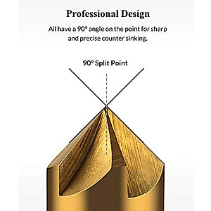 QWORK Countersink Drill Bits Center Punch Set 6 Pcs 1/4'' Hex Shank HSS 5 Flute Countersink 90 Degree Center Punch Tool Sets for Wood Quick Change Bit 6mm-19mm