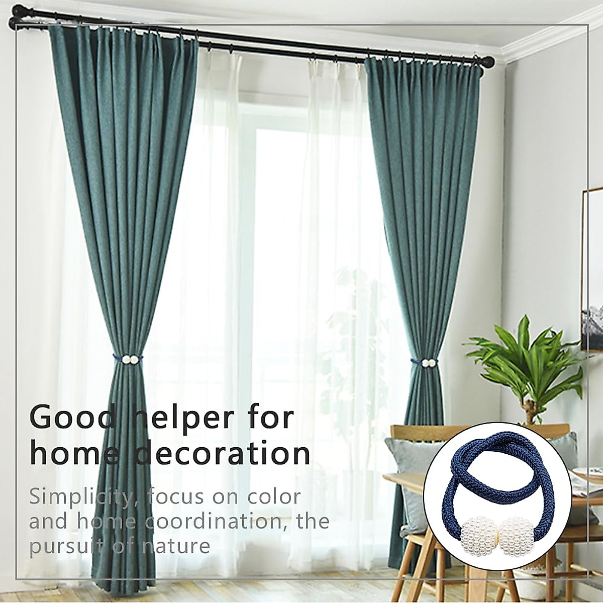 4PCS Magnetic Curtain Tiebacks Buckle Type Pearl Curtain Tie, Curtain Tie Rope Tie Without Drilling Free Installation（2*White and 2*Blue）