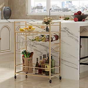 Bar Cart Rose Gold Home Bar Serving Mobile Cart, 2 Tiers Wine Cart with Wine Rack and Glass Holder, Modern Rolling Alcohol Wine Cart, Wine Holders for Home Kitchen Dining Living Room and Party Copper