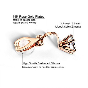 14K Rose Gold Plated 1.5 Carat CZ Clip-On Earrings - 7.5mm Round Cut Simulated diamond Clip-ons