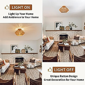 Boho Light Fixtures Rattan Ceiling Light Farmhouse Mini Hand-Woven Cage Flush Mount Chandelier for Bedroom Bathroom Hallway Entryway Living Room