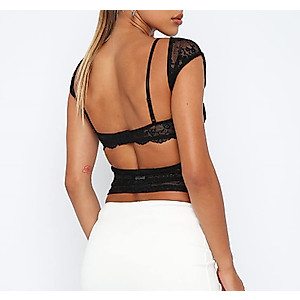 Women Summer Short Sleeve Top Y2k Floral Lace Backless Top Sexy See Through Mesh Crop Top Slim Fit Tee Going Out Tops(A2-Floral Black,S)