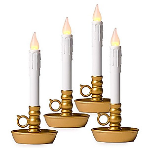 Plow & Hearth Set of 4 AA Battery Operated Window LED Candle Lamps | Auto Timer | Long Lasting Bulbs Never Need Replacing | Holiday Lights | Antique Gold Base | 9 1/2 H
