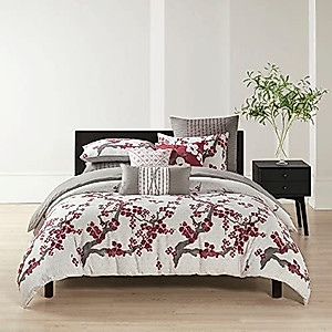 N Natori Cherry Blossom Duvet Cover Queen Size - Red, Grey , Cherry Blossom Duvet Cover Set – 3 Piece – 100% Cotton Sateen Light Weight Bed Comforter Covers