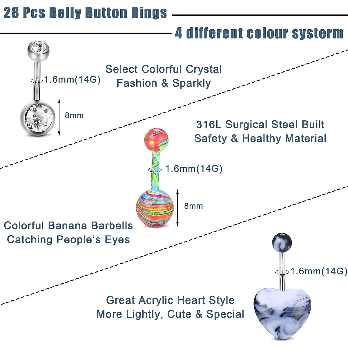 Besteel 28Pcs 14G Belly Button Rings Surgical Steel CZ Belly Rings for Women Colorful Belly Piercings Screw Navel Barbells Body Piercing Jewelry