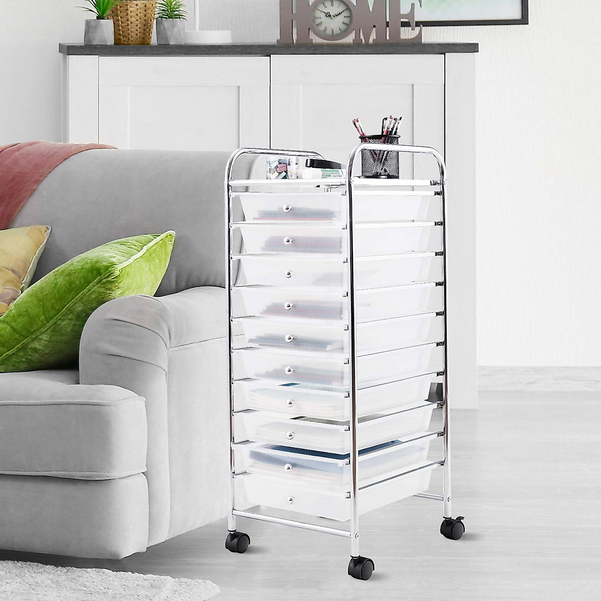 ORALNER 10-Drawer Rolling Storage Cart, 10 Tiers Utility Cart w/Wheels, Metal Frame Home Office School Organizer Cart, Mobile Space Saving File Storage Organizer Cart w/Lockable Casters (Clear)