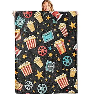 MIEPOS Popcorn Film Reels, and Star Throw Blanket - 50x60in,Ultra Soft, Cozy Lightweight Flannel,Movie Night Blankets - Gifts for Kids Boys Girls,for Couch Office Travel,Home Living Room Decor