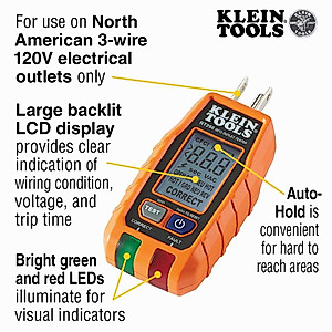 Klein Tools RT250 GFCI Outlet Tester with LCD Display, Electric Voltage Tester for Standard 3-Wire 120V Electrical Receptacles