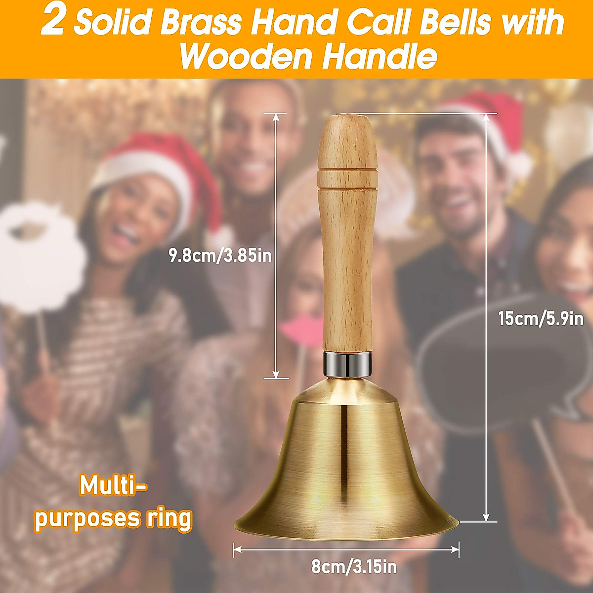2 Pieces Solid Brass Hand Call Bells with Wooden Handle Handbells Loud Ringing Bell Hand Held Service Bell Animal Bell Decoration(3.15 x 3.15 x 5.9 Inch)