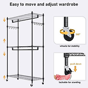 Heavy Duty Garment Rack on Wheels, Portable Clothes Racks for hanging clothes, Simple Sturdy Wardrobe Rack with Double Hanging Bar, 2 Hanger Hooks - Hold Up to 400Lbs (Black, 2Rod 2Hook)