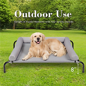 TJSOULER Cooling Elevated Dog Bed with Pillows,Portable Washable Raised Dog Cot with Chew Proof Mesh and Metal Frame,No-Slip Rubber Feet for Indoor & Outdoor Use,Large,Gray