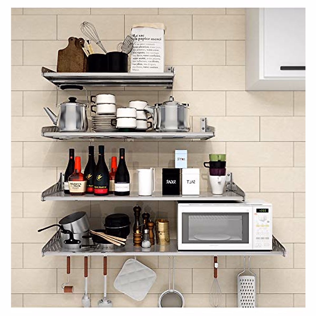 Funan Mountain Stainless Stell Wall Mount Shelf with Hooks 304 Bathroom Kitchen Commercial Shelf Rack Restaurant Bar Multifunctional Storage Shelf (10.63, 23.62)