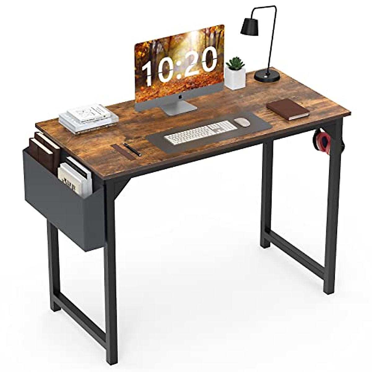 Computer Desk Small Office Desk 40 Inch Writing Desks Small Space Desk Study Table Modern Simple Style Work Table with Storage Bag Headphone Hook Wooden Tabletop Metal Frame for Home, Bedroom