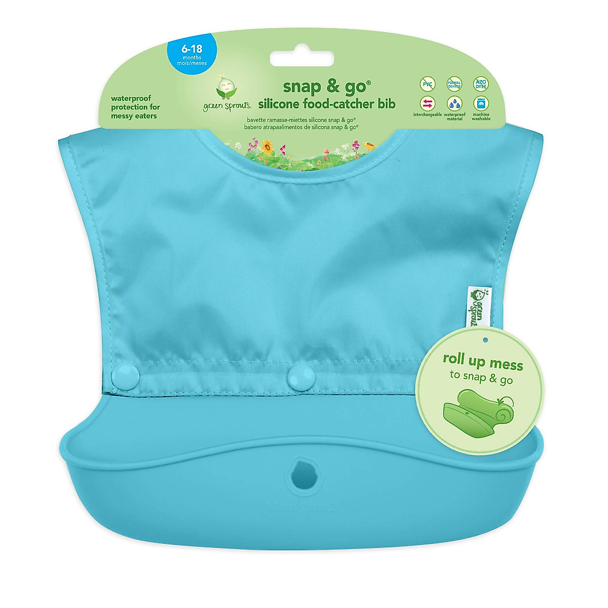 green sprouts Snap & Go Silicone Food-Catcher Bib | Soft, Waterproof Top + Silicone Scoop |Roll Up for Easy Travel |Made Without PVC, Formaldehyde, AZO Dyes, Aqua
