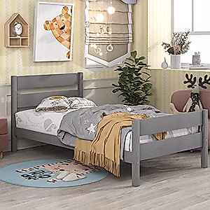 Pvillez Twin Bed Frames, Wood Twin Bed Frame with Headboard and Footboard Kids Bed Frame,Twin Wooden Bedframes Platform with Storage for Girls Boy No Box Spring Needed (Gray)