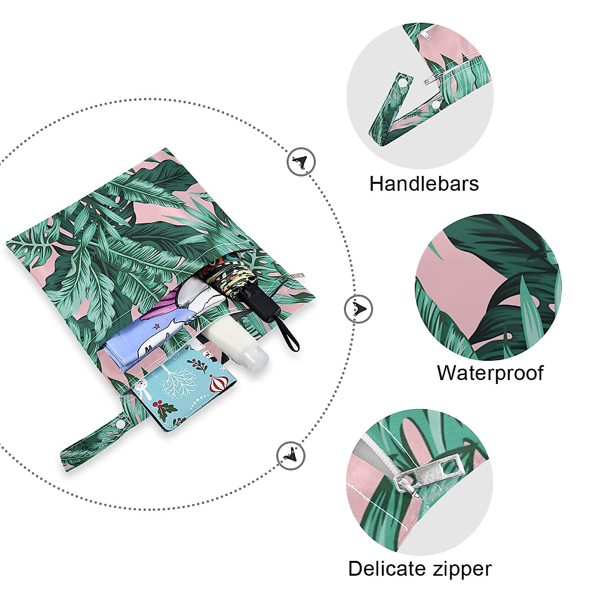 2pcs Cloth Diaper Wet Dry Bags Waterproof Tropical Green Palm Leaves Pink Reusable Washable Travel Beach Yoga Gym Bag for Swimsuits Wet Clothes