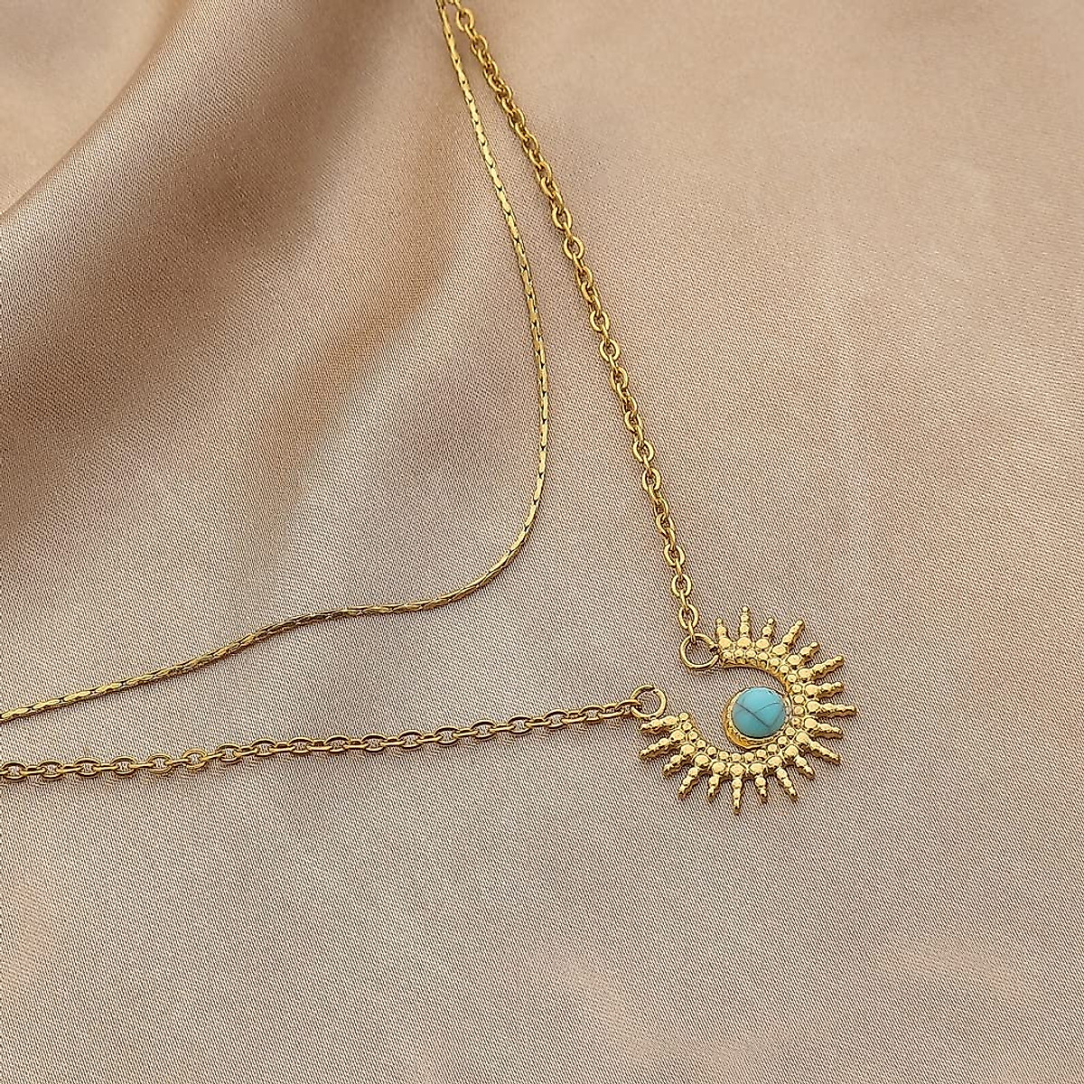 UniLogue Titanium Steel Gold Link Chain Necklace, Sun with Turquoise Pendant Female Necklace Jewelry Gift for Women (Layered Chain Sun with Turquoise Pendant)