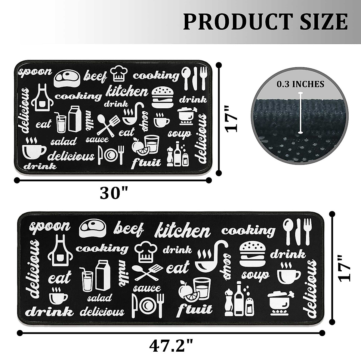 Black Kitchen Rugs Set of 2 - Kitchen Floor Mats Non-Slip Backing - Kitchen Mat Washable Doormat Runner Rug Set for Home Accessories and Decor 17x47.2 and 17x30 inches.