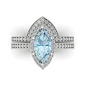 Clara Pucci 2.16ct Marquise Cut Halo Solitaire Natural Swiss Blue Topaz Engagement Anniversary Bridal Ring Band set 18k White Gold 10.5
