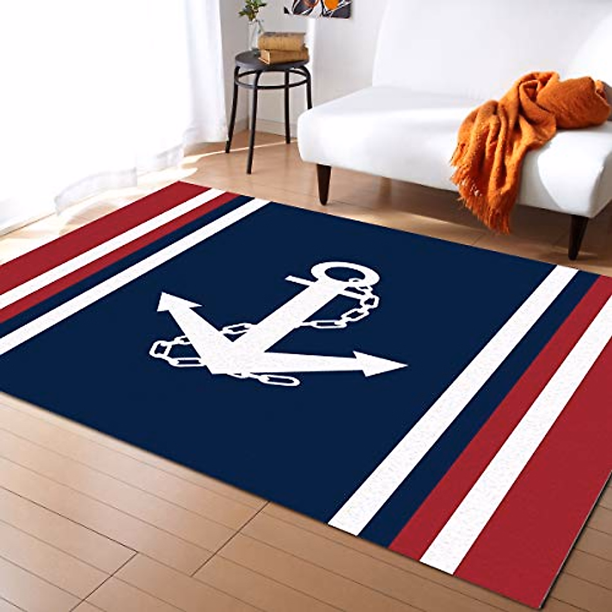 Advancey Indoor High-Low Area Rug 2'x3'Nautical Navy Blue Anchor with Red White Stripe Throw Rugs Runner for Entryway,Bedroom,Living Room