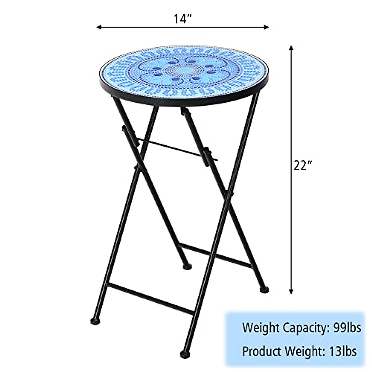 Giantex Outdoor Side Table, Folding Mosaic Patio Table, 14'' Round Metal End Table w/Ceramic Tile Top, Small Patio Table Accent Coffee Table for Porch Garden Balcony Plant Stand Indoor Outdoor (Blue)