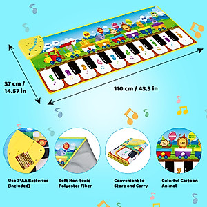 RenFox Baby Musical Piano Mat, Floor Dance Toys with 10 Songs, 8 Animal Sounds, 5 Modes. Child Keyboard Blanket Music Touch Play Mat, Musical Early Educational Toys Gifts for Toddlers Girls Boys