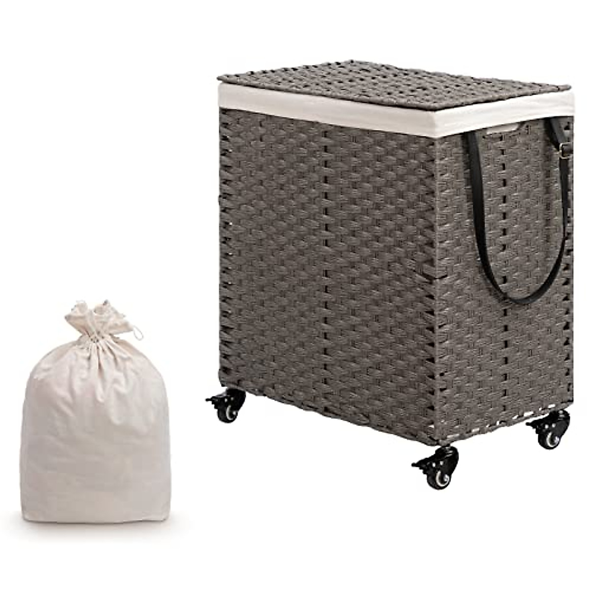 ALIMORDEN Wicker Laundry Hamper with Lid and Wheels Handles 100L Clothes Laundry Basket with 2 Removable Liner Bags Large Hampers for Laundry Organizer 3 Sections for Bedroom Bathroom Grey
