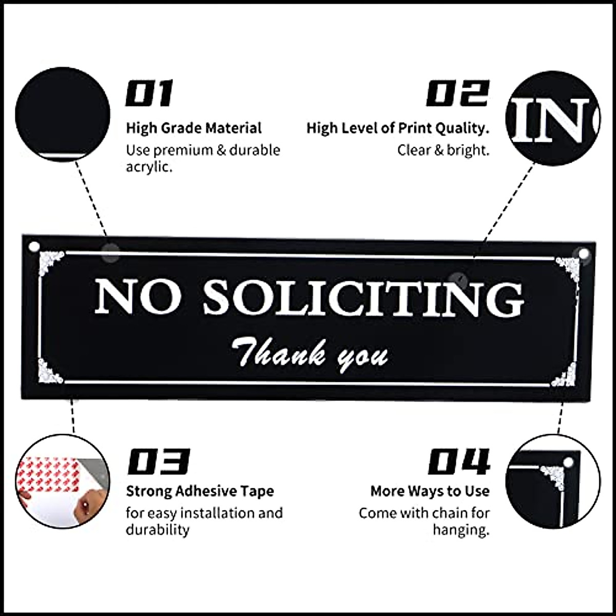 BEDEONE No Soliciting Sign for House, Strong Self Adhesive No Soliciting Signs for home, Hanging No Solicitors Sign for Front Door - Premium Frosted Material with Digitally Printed, Come with Chain
